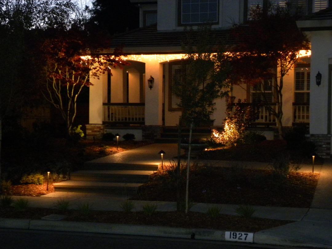 Low Voltage Lighting shows a house at night - Details Landscape Art